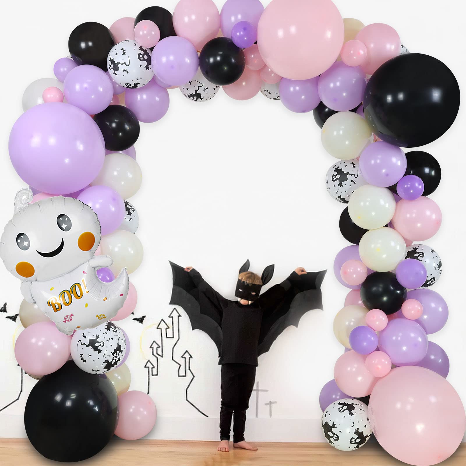 Halloween Balloon Garland Kit, 111 Pcs 18" 12" 5" Black Pink Purple Latex Balloons with 18" BOO Ghost Foil Balloon Halloween Decorations for Girls Halloween Day Decoration Halloween Party Supplies