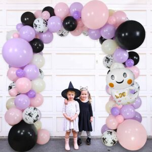 Halloween Balloon Garland Kit, 111 Pcs 18" 12" 5" Black Pink Purple Latex Balloons with 18" BOO Ghost Foil Balloon Halloween Decorations for Girls Halloween Day Decoration Halloween Party Supplies