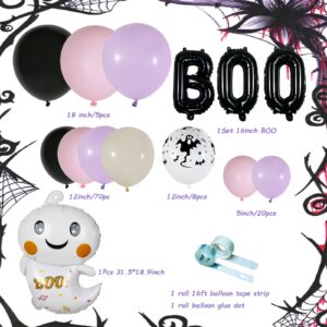 Halloween Balloon Garland Kit, 111 Pcs 18" 12" 5" Black Pink Purple Latex Balloons with 18" BOO Ghost Foil Balloon Halloween Decorations for Girls Halloween Day Decoration Halloween Party Supplies