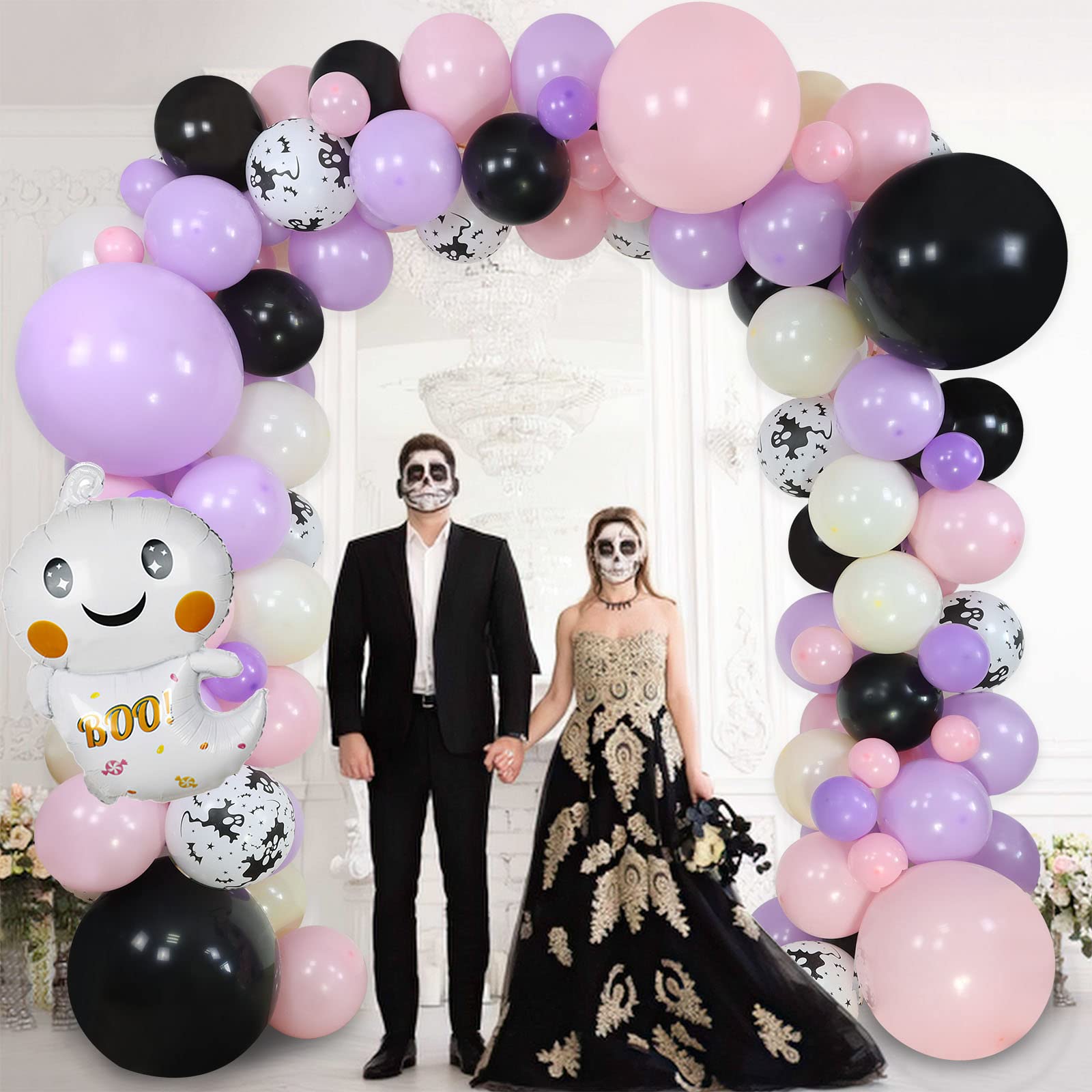 Halloween Balloon Garland Kit, 111 Pcs 18" 12" 5" Black Pink Purple Latex Balloons with 18" BOO Ghost Foil Balloon Halloween Decorations for Girls Halloween Day Decoration Halloween Party Supplies