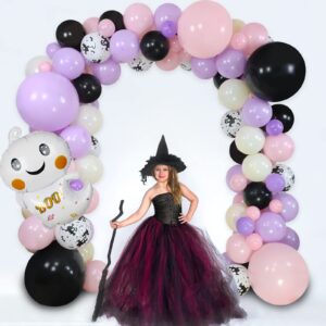 Halloween Balloon Garland Kit, 111 Pcs 18" 12" 5" Black Pink Purple Latex Balloons with 18" BOO Ghost Foil Balloon Halloween Decorations for Girls Halloween Day Decoration Halloween Party Supplies