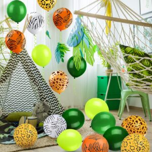 100 Pcs Jungle Balloons Party Decorations 12 Inch Safari Animal Print Latex Balloons Jungle Party Balloons Leopard Tiger Printed Green Balloons for Birthday Party Wild First Baby Shower Supplies