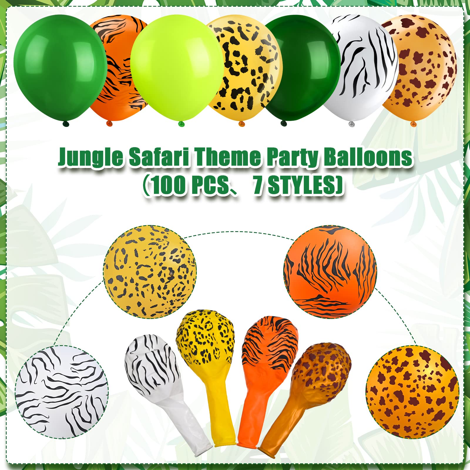 100 Pcs Jungle Balloons Party Decorations 12 Inch Safari Animal Print Latex Balloons Jungle Party Balloons Leopard Tiger Printed Green Balloons for Birthday Party Wild First Baby Shower Supplies