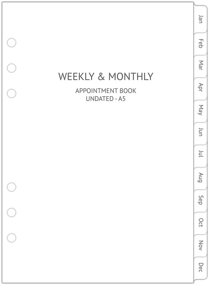 A5 Planner Inserts, Undated Weekly Planner Refills with Coated Monthly Tabs, Daily Schedule, Note Pages, Start Any Time