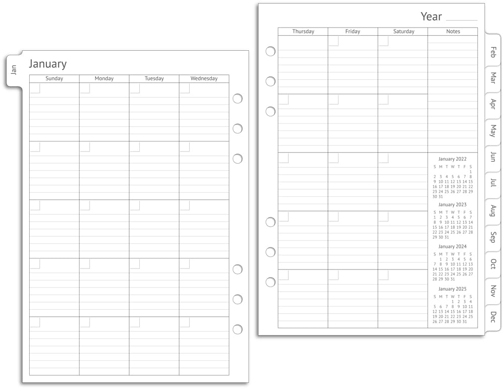 A5 Planner Inserts, Undated Weekly Planner Refills with Coated Monthly Tabs, Daily Schedule, Note Pages, Start Any Time