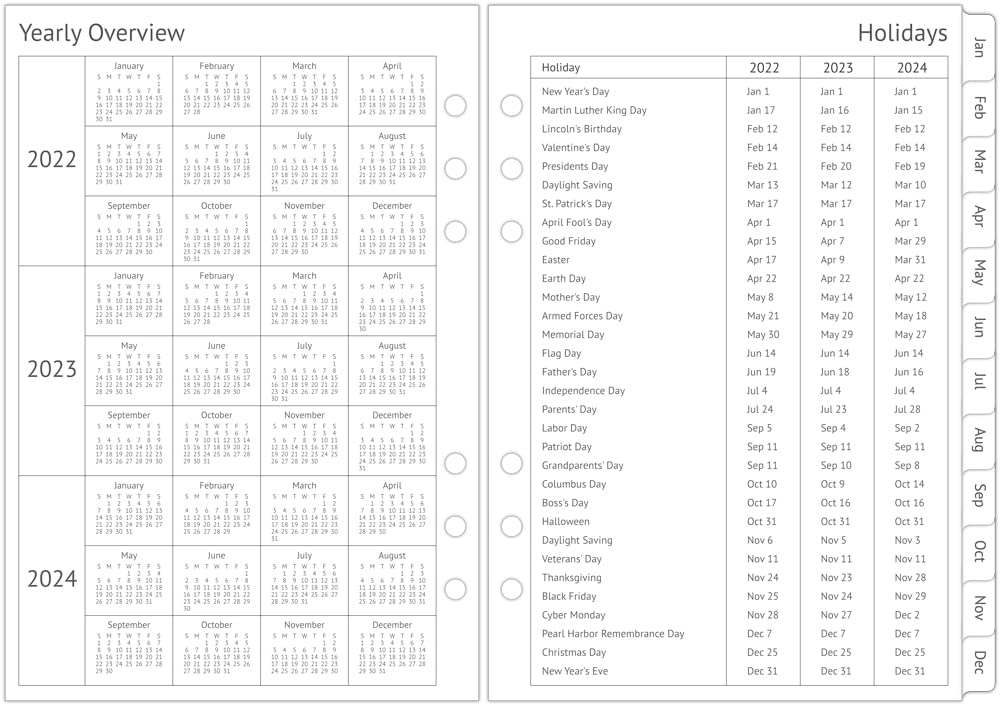 A5 Planner Inserts, Undated Weekly Planner Refills with Coated Monthly Tabs, Daily Schedule, Note Pages, Start Any Time