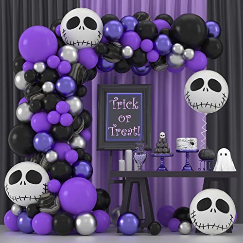 Janinus Halloween Balloons Arch Garland Kit 130PCS Black Purple Sliver Balloons 18 12 5Inch Halloween Balloons Kit With Marble Balloons And Scary Skull Foil Balloons for Halloween Party Decorations