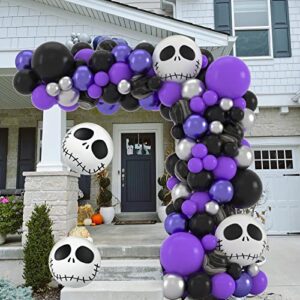 Janinus Halloween Balloons Arch Garland Kit 130PCS Black Purple Sliver Balloons 18 12 5Inch Halloween Balloons Kit With Marble Balloons And Scary Skull Foil Balloons for Halloween Party Decorations