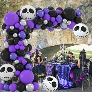 Janinus Halloween Balloons Arch Garland Kit 130PCS Black Purple Sliver Balloons 18 12 5Inch Halloween Balloons Kit With Marble Balloons And Scary Skull Foil Balloons for Halloween Party Decorations