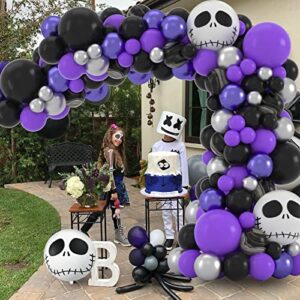 Janinus Halloween Balloons Arch Garland Kit 130PCS Black Purple Sliver Balloons 18 12 5Inch Halloween Balloons Kit With Marble Balloons And Scary Skull Foil Balloons for Halloween Party Decorations