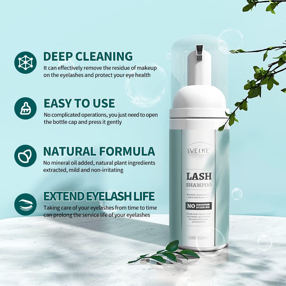 120ml / 4 fl.oz Eyelash Extension Shampoo Brush Eyelid Foam Cleanser Full Safe for Natural Lashes and Extension Paraben & Sulfate Free Non-Irritating Perfect for Salon and Home Use