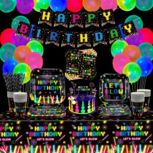 233 pcs glow neon party supplies neon glow tableware set neon balloons glow in the dark birthday banner cake toppers for blacklight party decoration serves 20 (glow set b)