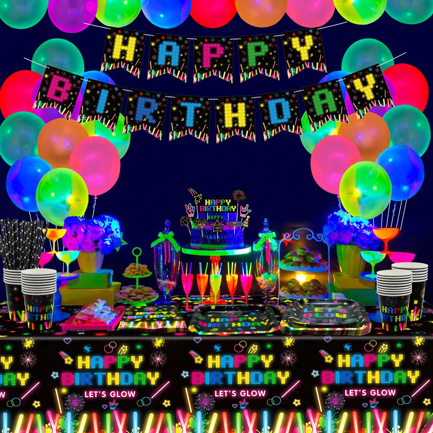 233 PCS Glow Neon Party Supplies Neon Glow Tableware Set Neon Balloons Glow in The Dark Birthday Banner Cake Toppers for Blacklight Party Decoration Serves 20 (Glow Set B)