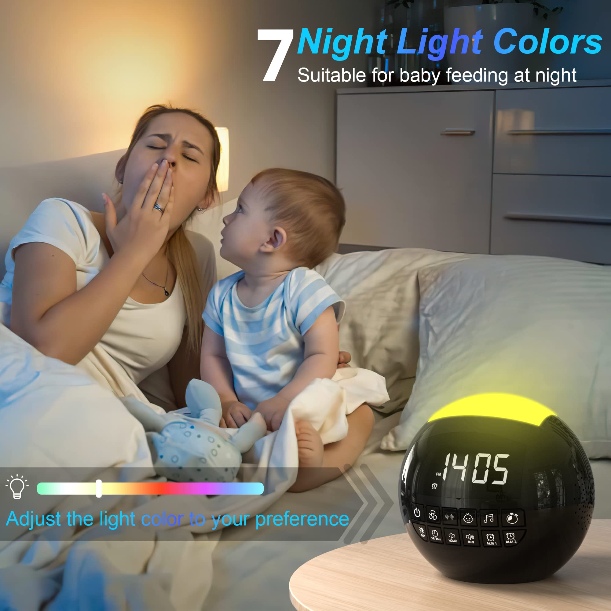 White Noise Machine with Alarm Clock for Bedrooms,Sound Machine for Sleeping with 42 Soothing Sounds,7 Night Light, Auto-Off Timer & Memory Function,Dimmer,Snooze,Digital Dual Alarm Clock for Kids