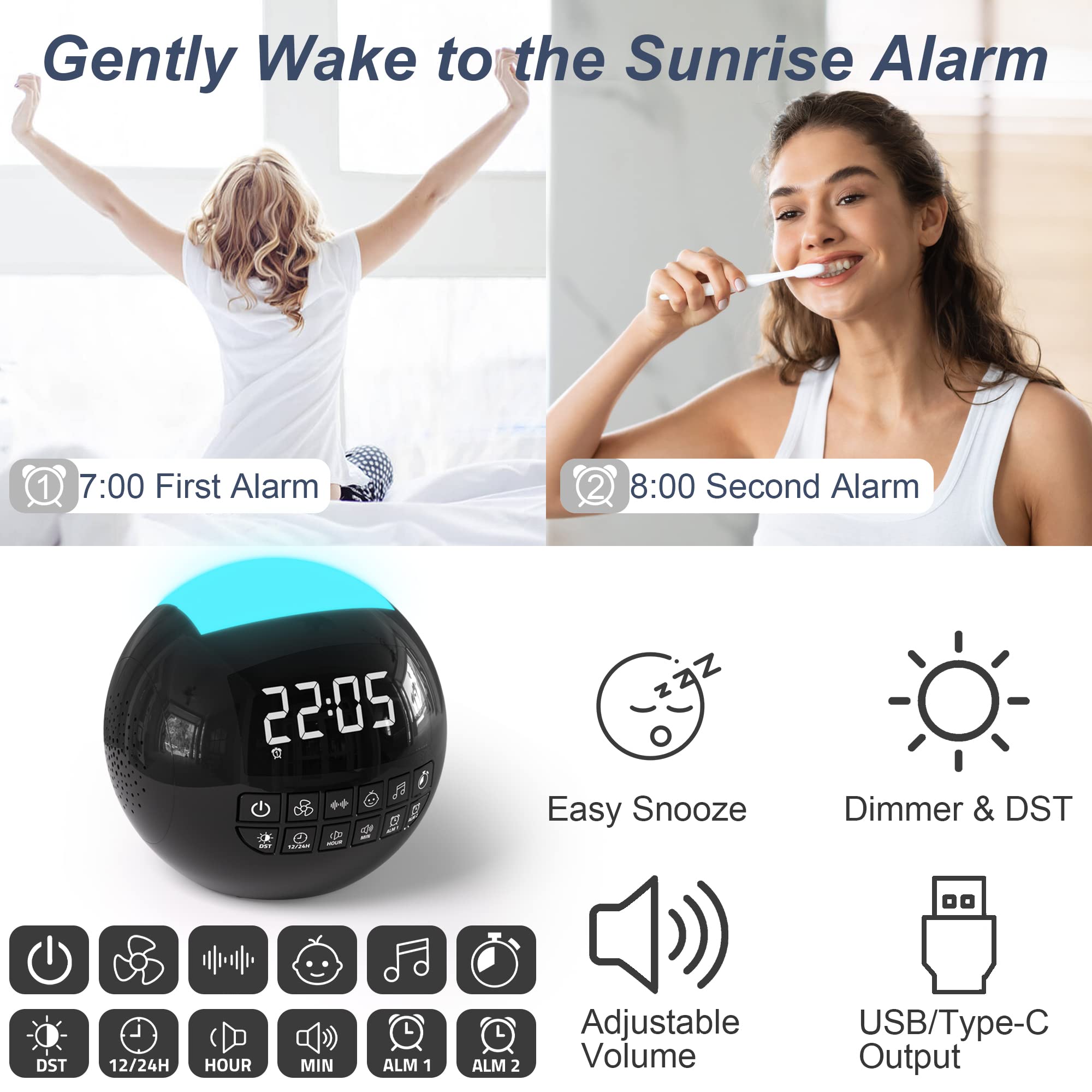 White Noise Machine with Alarm Clock for Bedrooms,Sound Machine for Sleeping with 42 Soothing Sounds,7 Night Light, Auto-Off Timer & Memory Function,Dimmer,Snooze,Digital Dual Alarm Clock for Kids