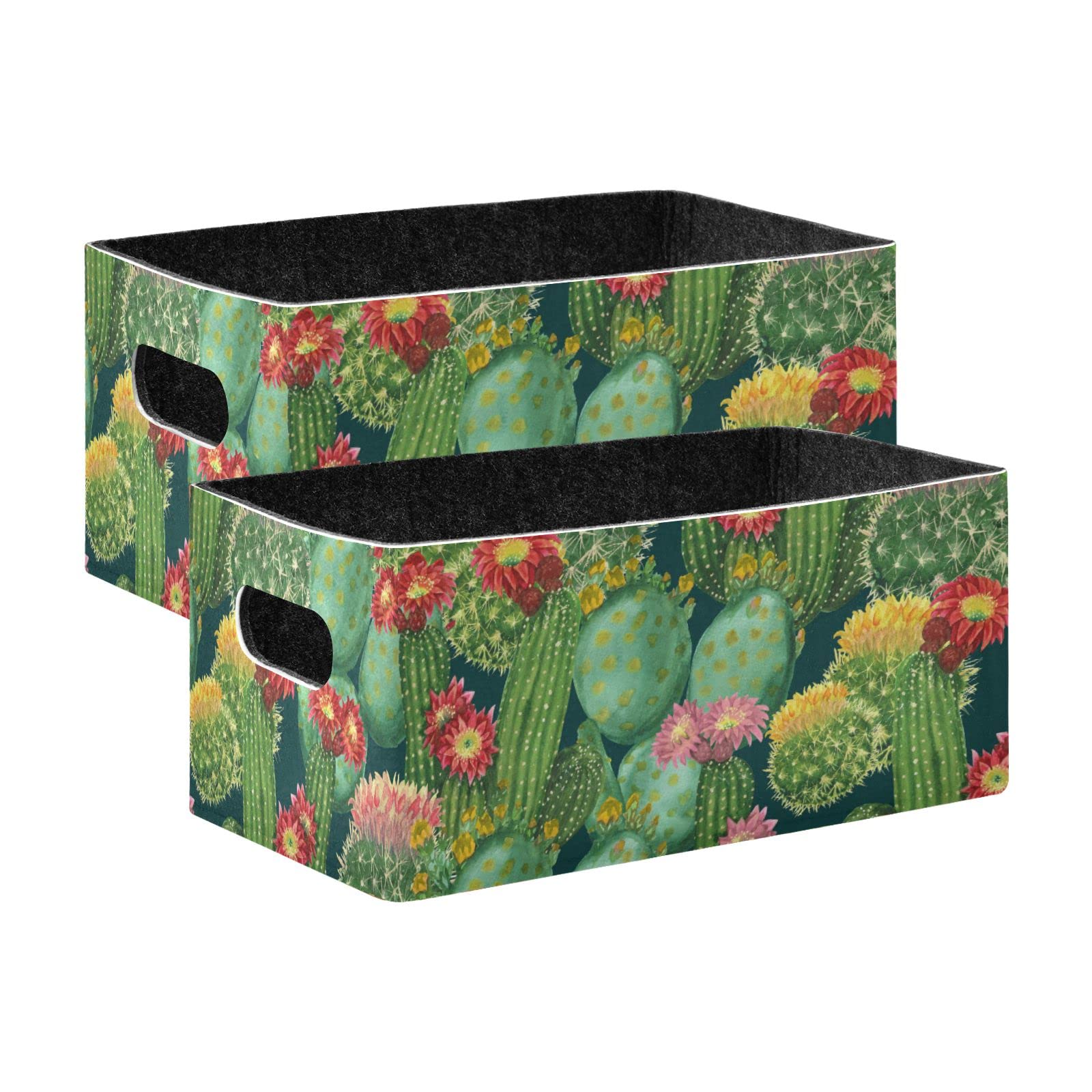 Emelivor Cactus Flowers Storage Basket Bins Set (2pcs) Felt Collapsible Storage Bins with Handles Foldable Shelf Drawers Organizers Bins for Laundry Room Organization