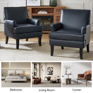 HULALA HOME Modern Faux Leather Accent Chair, Comfy Upholstered Sofa Chair with Nailhead Trim, Living Room Bedroom Armchair with Wood Legs, Navy