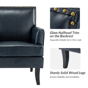 HULALA HOME Modern Faux Leather Accent Chair, Comfy Upholstered Sofa Chair with Nailhead Trim, Living Room Bedroom Armchair with Wood Legs, Navy