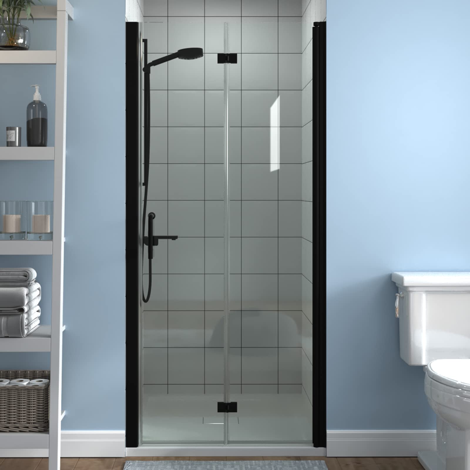 ExBrite 34-35.5 in.W x 72 in.H Bifold Frameless Glass Shower Door,1/4 in. Fold Clear Glass Shower Panel Pivot Swing Shower Doors,Matte Black Finish,Reversible Installation