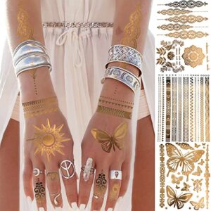 Bilizar 9 Sheets 110+ Designs Flash Gold Temporary Tattoos Metallic For Women Adult, Girl Golden Lion Festival Sun Moon Star Butterfly Glitter Tattoo Sticker, Fake Tattoos That Look Real and Last Long