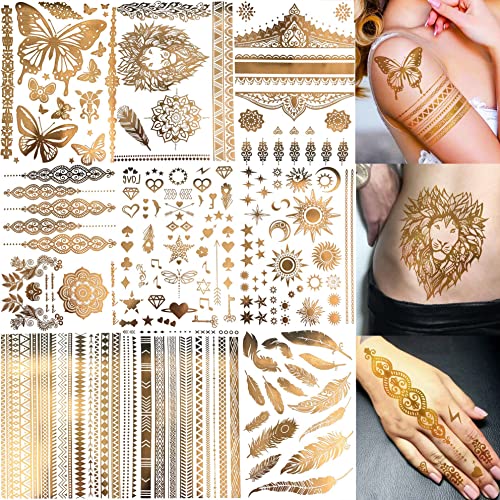 Bilizar 9 Sheets 110+ Designs Flash Gold Temporary Tattoos Metallic For Women Adult, Girl Golden Lion Festival Sun Moon Star Butterfly Glitter Tattoo Sticker, Fake Tattoos That Look Real and Last Long