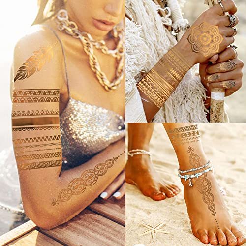 Bilizar 9 Sheets 110+ Designs Flash Gold Temporary Tattoos Metallic For Women Adult, Girl Golden Lion Festival Sun Moon Star Butterfly Glitter Tattoo Sticker, Fake Tattoos That Look Real and Last Long