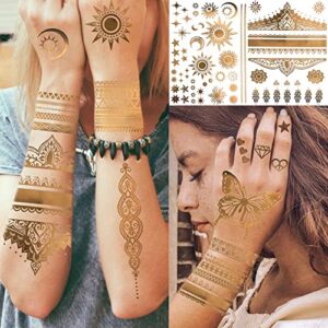 Bilizar 9 Sheets 110+ Designs Flash Gold Temporary Tattoos Metallic For Women Adult, Girl Golden Lion Festival Sun Moon Star Butterfly Glitter Tattoo Sticker, Fake Tattoos That Look Real and Last Long