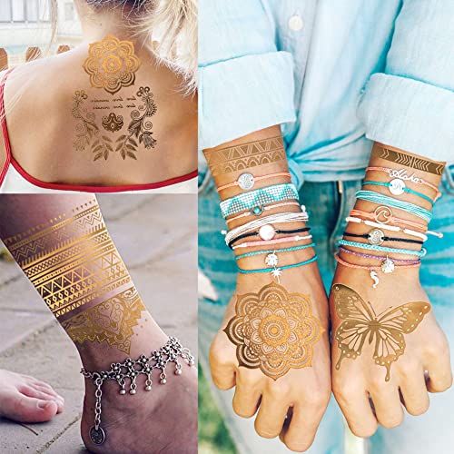 Bilizar 9 Sheets 110+ Designs Flash Gold Temporary Tattoos Metallic For Women Adult, Girl Golden Lion Festival Sun Moon Star Butterfly Glitter Tattoo Sticker, Fake Tattoos That Look Real and Last Long