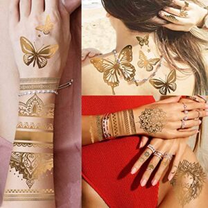 Bilizar 9 Sheets 110+ Designs Flash Gold Temporary Tattoos Metallic For Women Adult, Girl Golden Lion Festival Sun Moon Star Butterfly Glitter Tattoo Sticker, Fake Tattoos That Look Real and Last Long