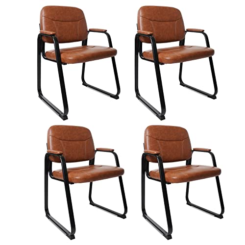 CLATINA Reception Chair with Sled Base and Bonded Leather Padded Armrests, Modern Style Guest Chair for Office Meeting Waiting Room Conference Desk, Brown (4 Pack)