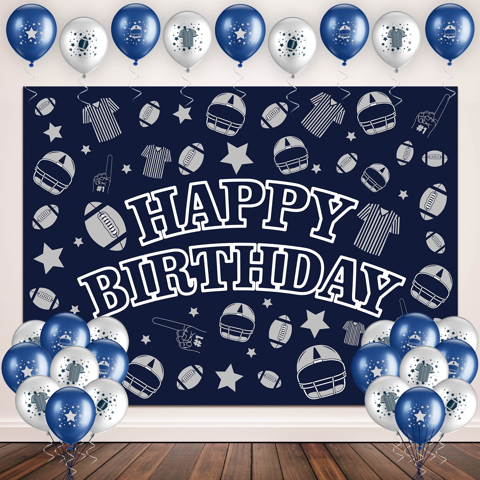 Oudain 22 Pcs Cowboy Birthday Party Supplies Set Include 1 Cowboy Backdrop 20 Birthday Balloons 1 Ribbon Navy Blue Football Birthday Decoration for Football Sports Themed Game Party Celebration