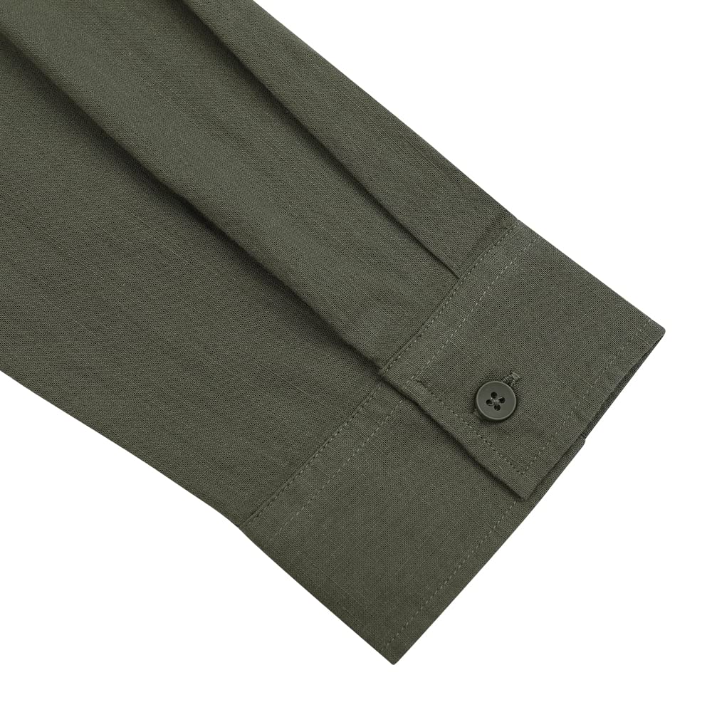 JEKAOYI Mens Casual Long Sleeve Cotton Linen Shirts Buttons Down Solid Plain Roll-Up Sleeve Summer Beach Shirts Olive Green