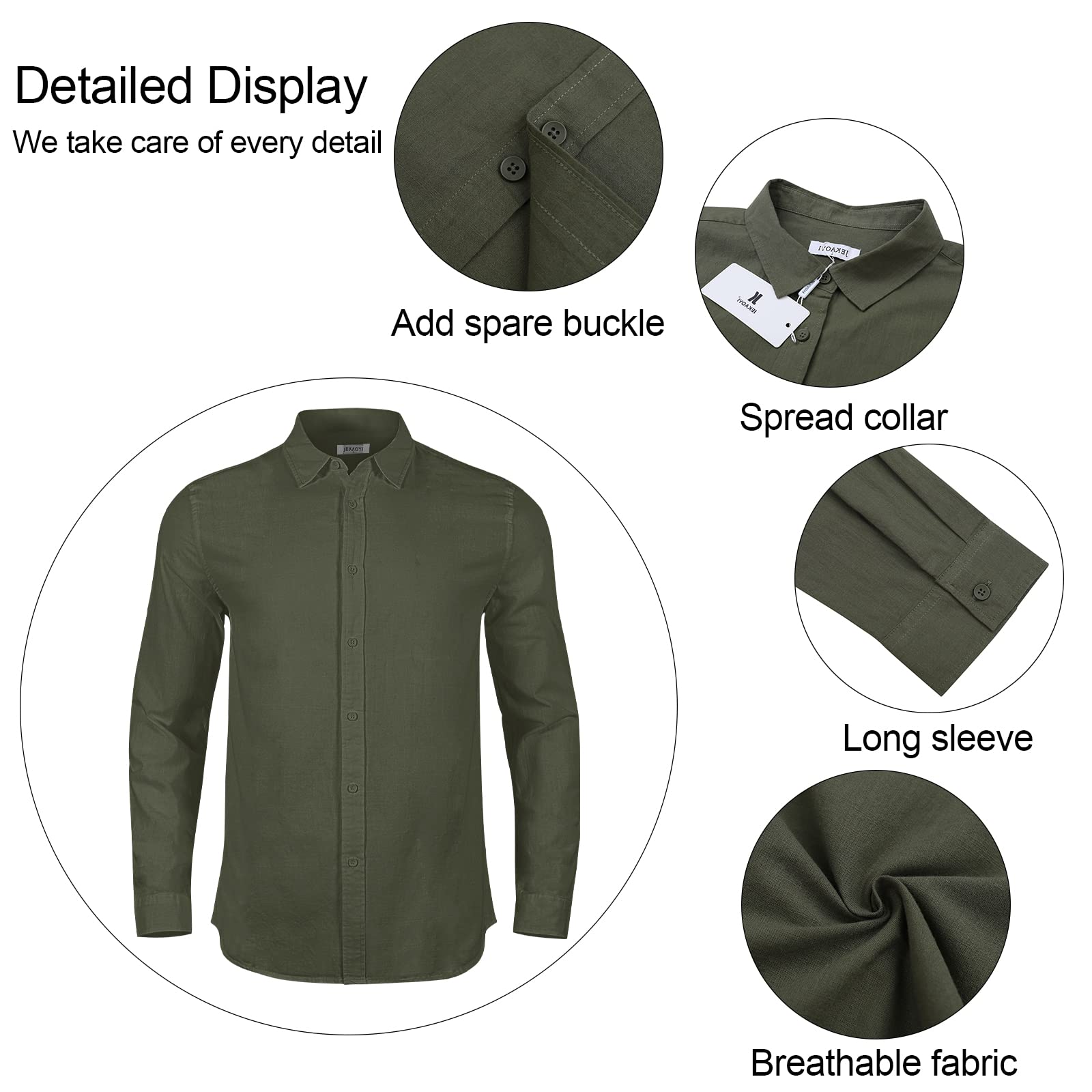 JEKAOYI Mens Casual Long Sleeve Cotton Linen Shirts Buttons Down Solid Plain Roll-Up Sleeve Summer Beach Shirts Olive Green