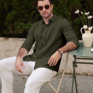 JEKAOYI Mens Casual Long Sleeve Cotton Linen Shirts Buttons Down Solid Plain Roll-Up Sleeve Summer Beach Shirts Olive Green