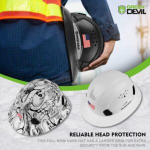 GREEN DEVIL Full Brim Hard Hat Vented Construction Safety Helmet OSHA Approved Cascos De Construccion Work Hardhat for Men&Women 6 Point Adjustable Ratchet Suspension Custom Pattern Design