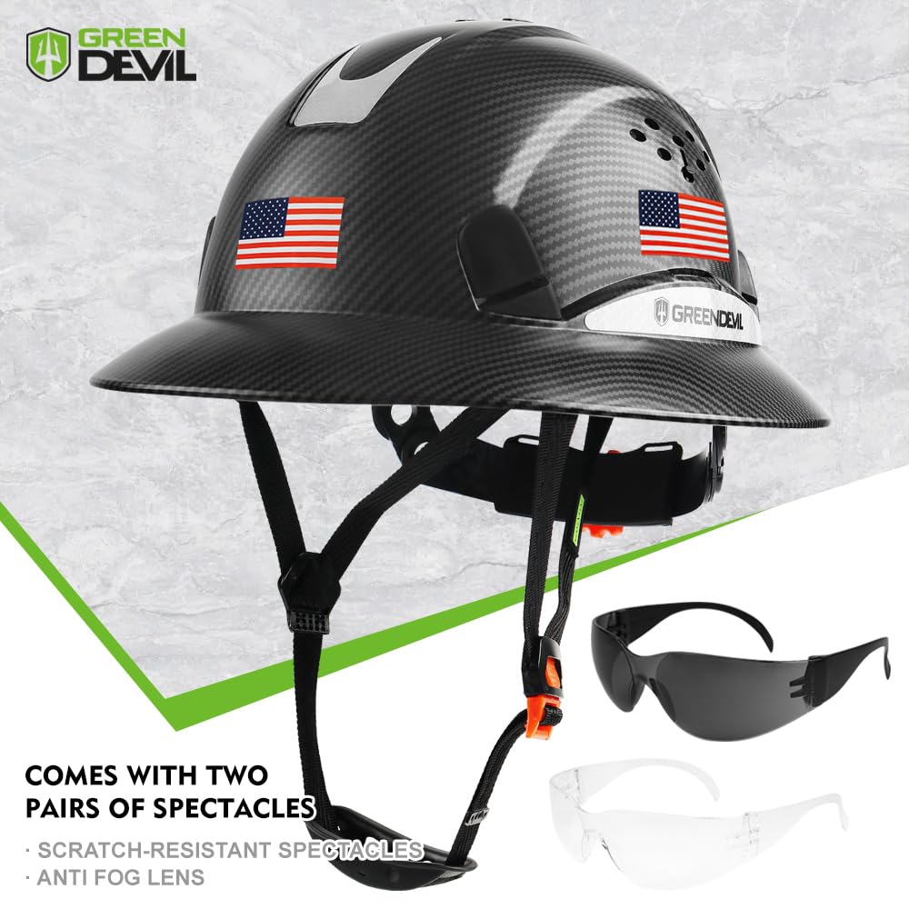 GREEN DEVIL Full Brim Hard Hat Vented Construction Safety Helmet OSHA Approved Cascos De Construccion Work Hardhat for Men&Women 6 Point Adjustable Ratchet Suspension Custom Pattern Design