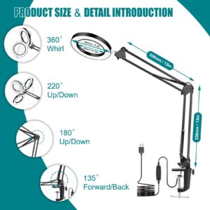 Magnifying Glass with Light and Stand,5X&10x Real Glass Desktop Magnifier with Light,3 Color Stepless Dimmable Adjustable Swing Arm Lighted Magnifying Desk Lamp for Close Work,Crafts,Sewing,Soldering