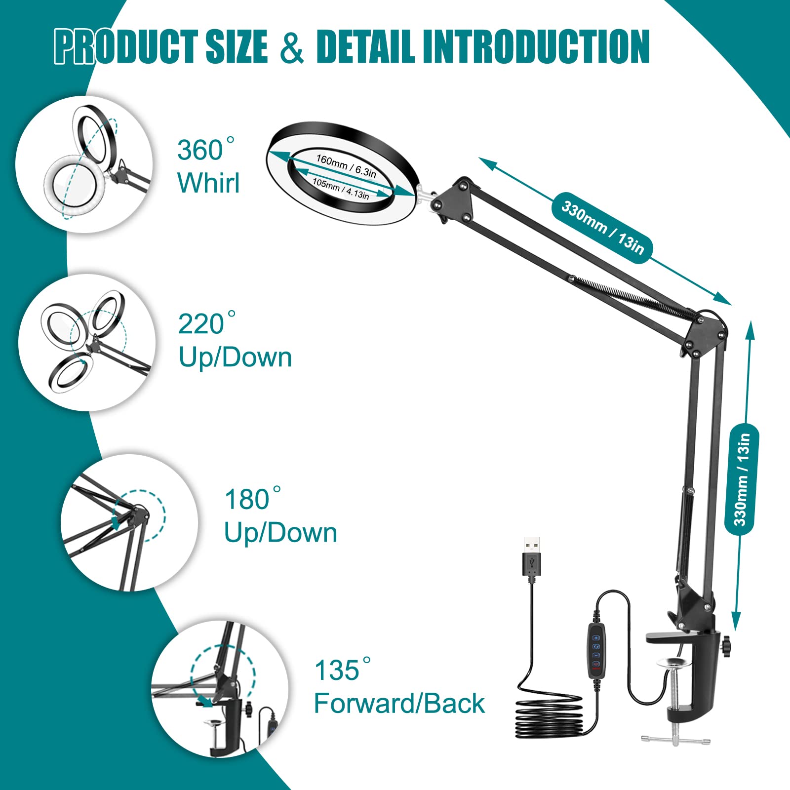 Magnifying Glass with Light and Stand,5X&10x Real Glass Desktop Magnifier with Light,3 Color Stepless Dimmable Adjustable Swing Arm Lighted Magnifying Desk Lamp for Close Work,Crafts,Sewing,Soldering