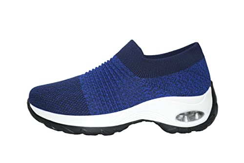 Ad Tec Women's Slip On Sock Sneakers Mesh Upper Walking Shoes | Breathable & Comfortable Air Cushion Casual Wedge Platform Loafers Royal