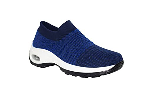 Ad Tec Women's Slip On Sock Sneakers Mesh Upper Walking Shoes | Breathable & Comfortable Air Cushion Casual Wedge Platform Loafers Royal