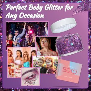 Boko 1.76oz Body Glitter Gel, Holographic Purple Liquid Chunky Glitter Lotion Mermaid Sequins for Face Hair and Body Makeup, Festival Clothing, Rave Accessories and Costume - Amethyst Orchid