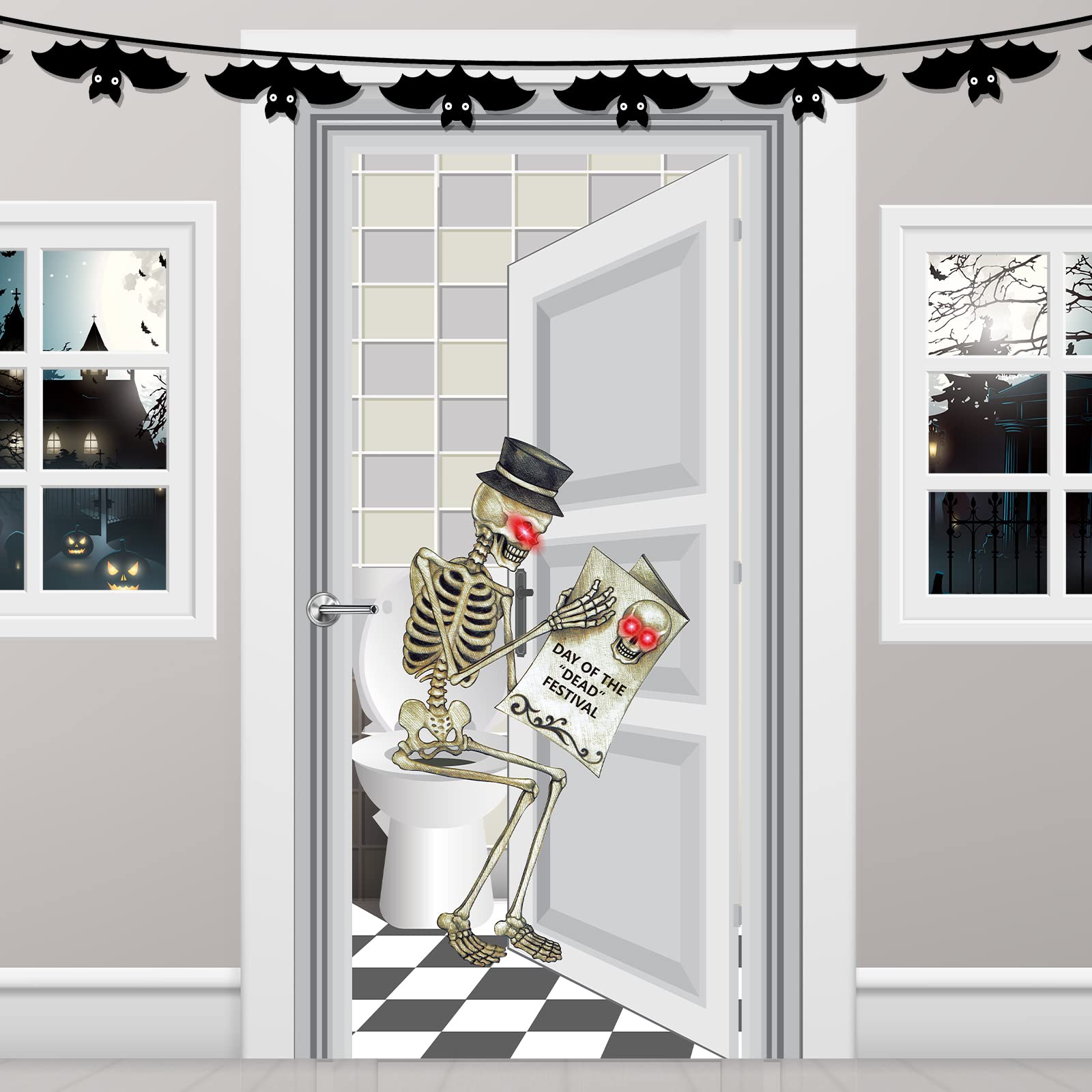 Tatuo Skeleton Door Decorations Skeleton Door Cover Halloween Bathroom Backdrop Background Halloween Indoor Decoration Party Supplies, 30 x 60 Inches