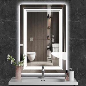 bokihuk led bathroom mirror with lights, 40x24 inch wall mounted lighted vanity mirror, makeup mirror dimmable anti-fog with 3 colors light, waterproof (backlit & front-lighted)