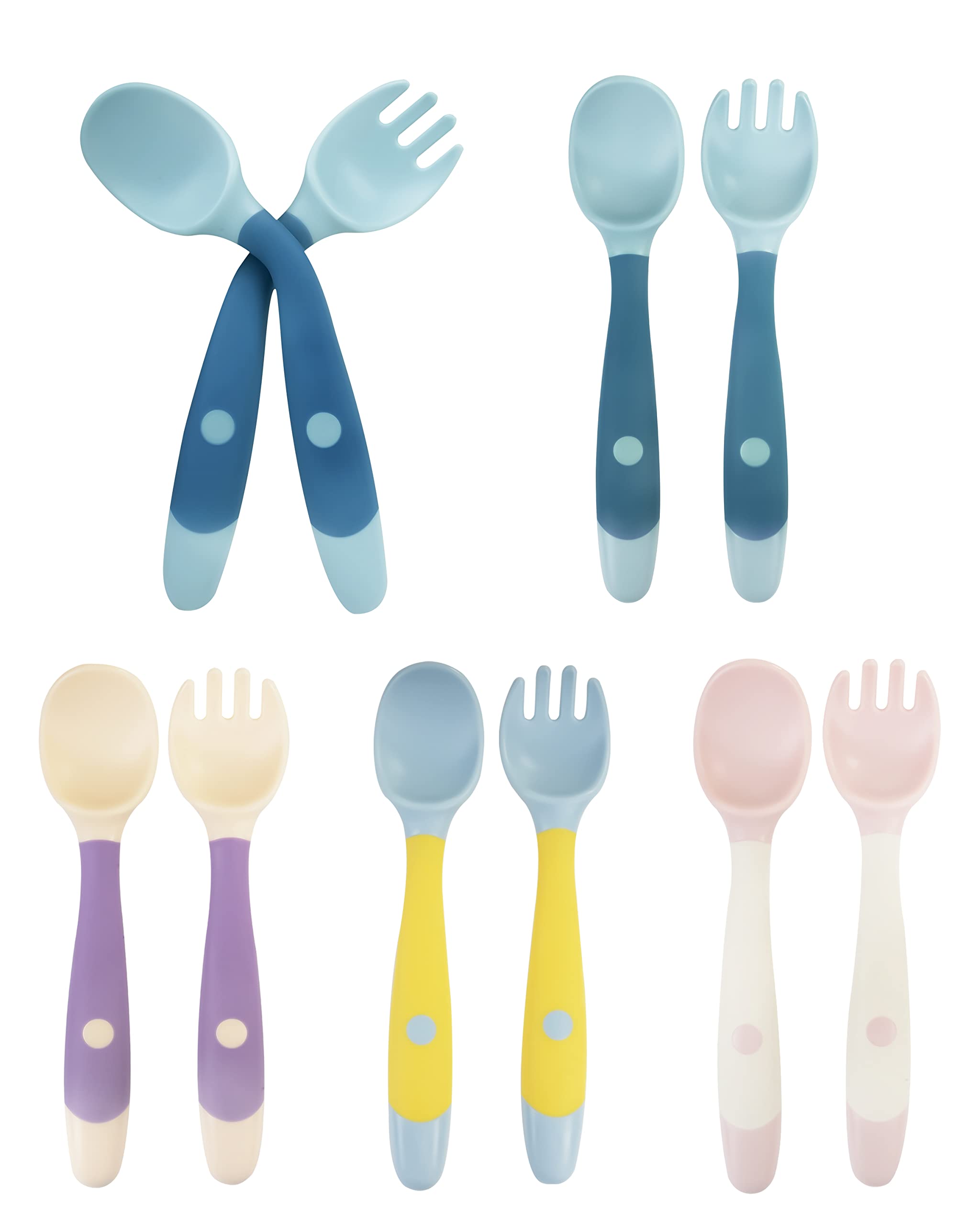 10 Pcs Toddler Utensils, Spoons and Forks Set with Bendable Handle, 5 Toddler Forks and 5 Toddler Spoons, Baby Feeding Set for Self Feeding, Silicone Spoons Forks for Kids, BPA Free