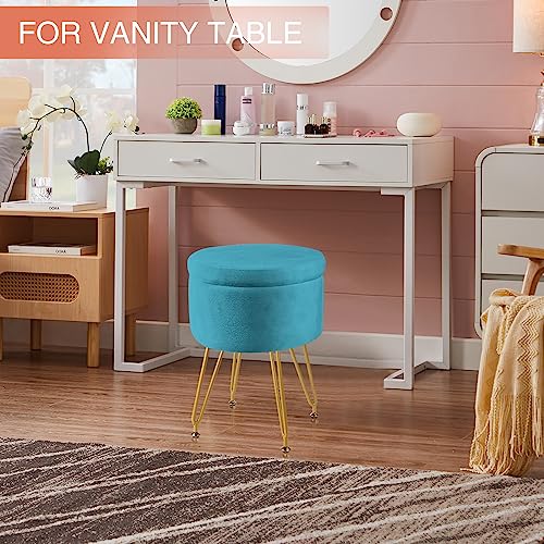 Round Velvet Storage Ottoman, Modern Vanity Stool Round Ottoman with Storage, Footrest Stool for Vanity with Metal Legs, Tray Top Coffee Table, Makeup Footstool, Green