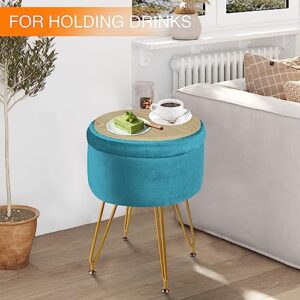 Round Velvet Storage Ottoman, Modern Vanity Stool Round Ottoman with Storage, Footrest Stool for Vanity with Metal Legs, Tray Top Coffee Table, Makeup Footstool, Green