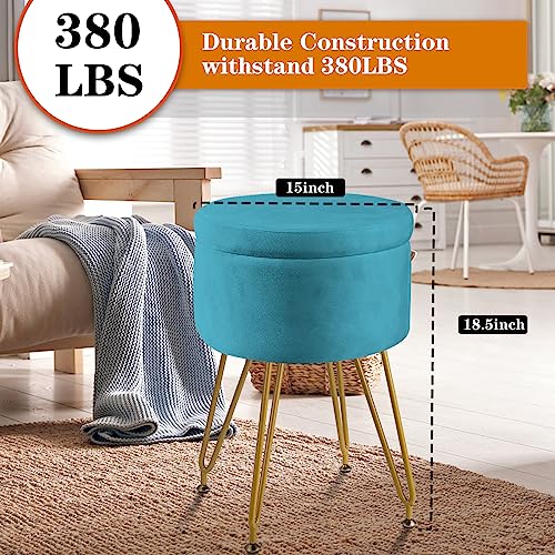 Round Velvet Storage Ottoman, Modern Vanity Stool Round Ottoman with Storage, Footrest Stool for Vanity with Metal Legs, Tray Top Coffee Table, Makeup Footstool, Green