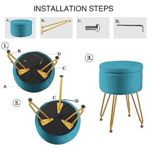 Round Velvet Storage Ottoman, Modern Vanity Stool Round Ottoman with Storage, Footrest Stool for Vanity with Metal Legs, Tray Top Coffee Table, Makeup Footstool, Green