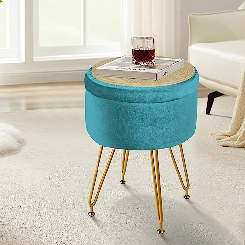 Round Velvet Storage Ottoman, Modern Vanity Stool Round Ottoman with Storage, Footrest Stool for Vanity with Metal Legs, Tray Top Coffee Table, Makeup Footstool, Green