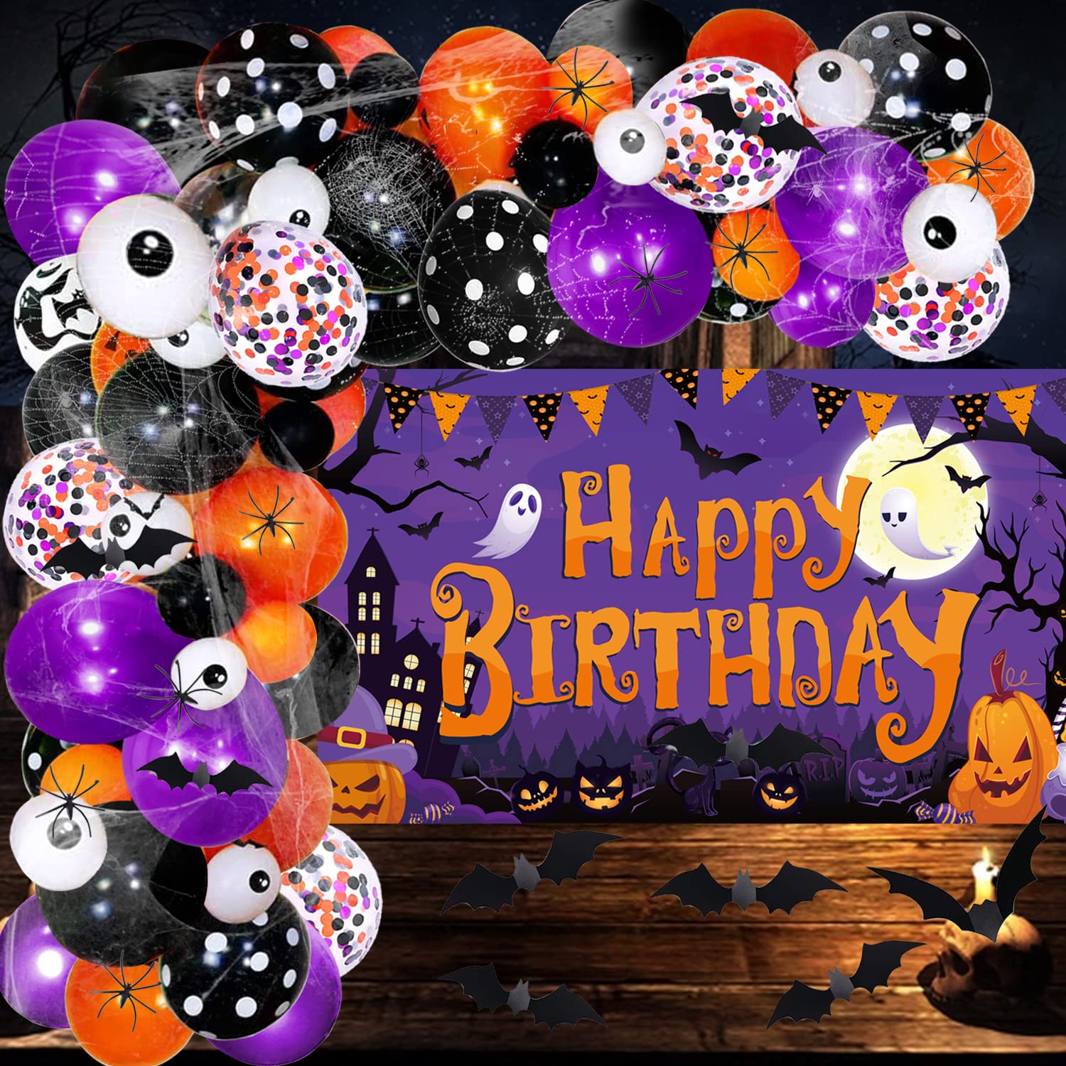 Halloween Birthday Party Decorations, Halloween Birthday Backdrop Banner Purple Orange Balloon Garland Arch Kit Confetti Balloons with Spider Web Bat Stickers for Halloween Theme Party Decorations